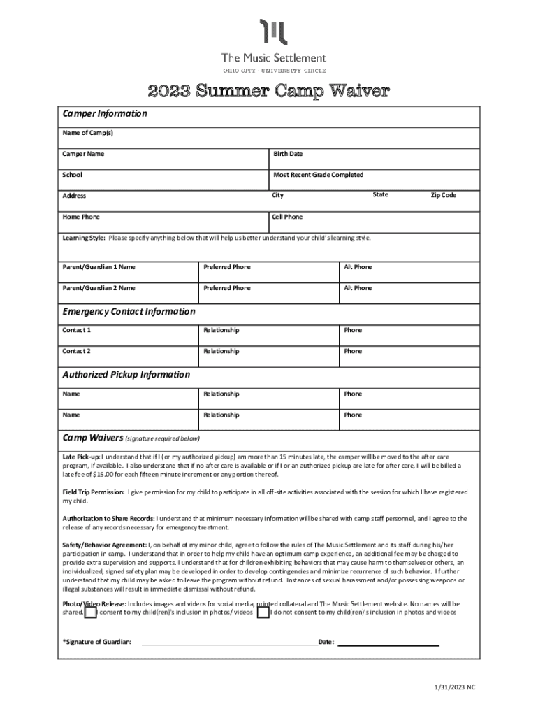 Fillable Online 2023 Summer Camp Waiver - The Music Settlement Fax ...