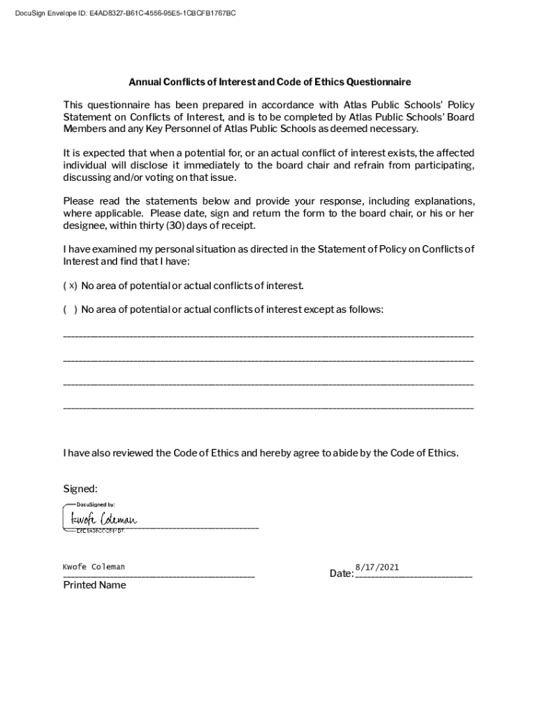 Fillable Online my epicenternow Annual Conflicts of Interest and Code ...