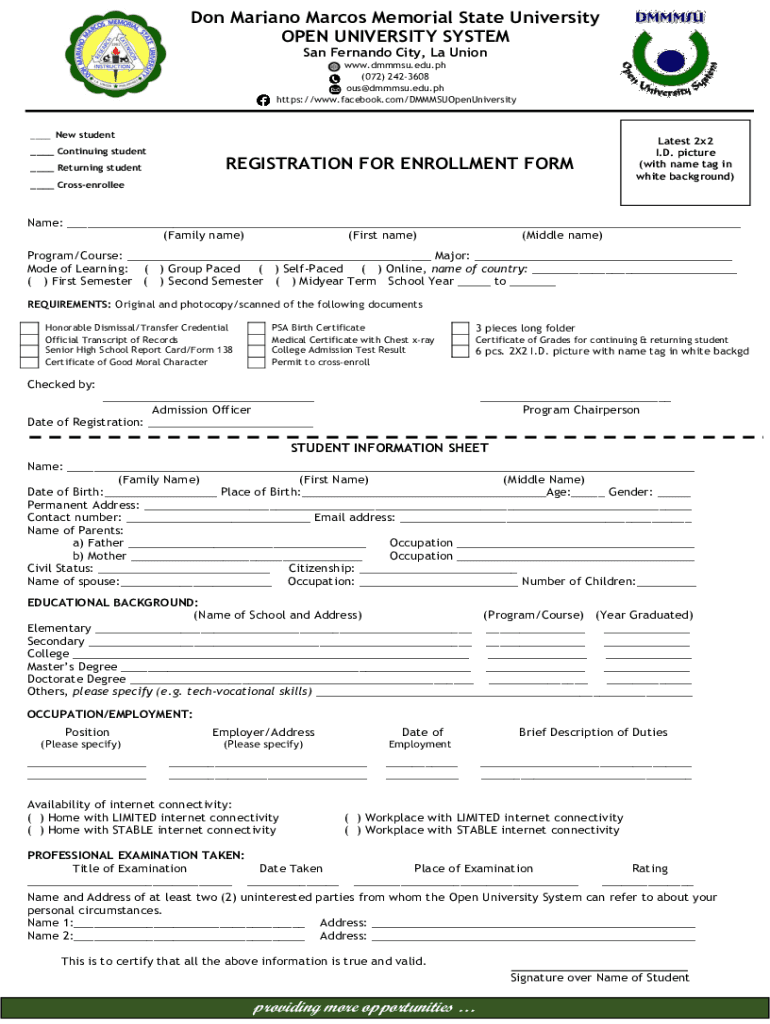 Fillable Online College Admission Application Form - Latest 2 x 2 ID ...
