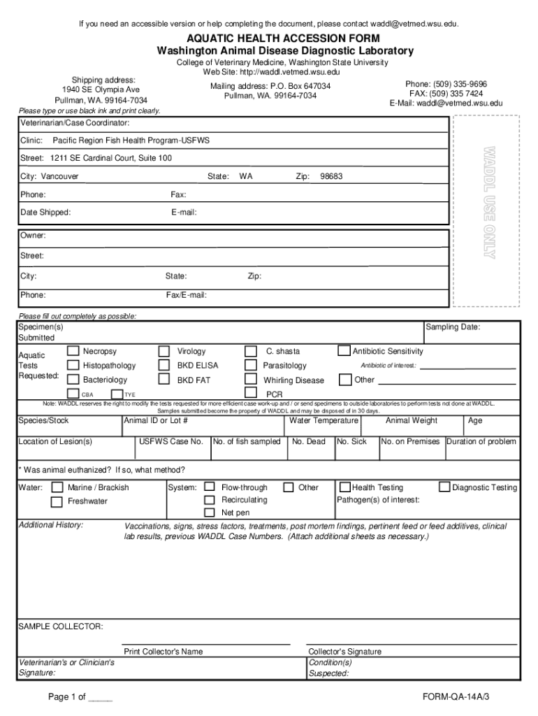 Fillable Online AQUATIC HEALTH ACCESSION FORM Washington Animal ... Fax ...