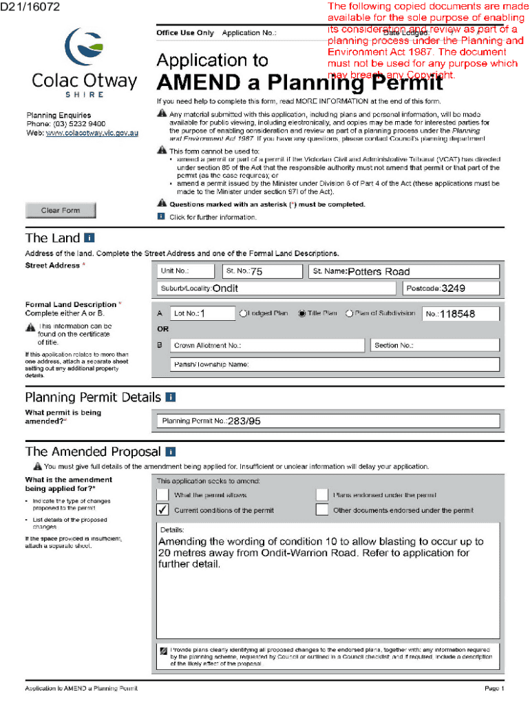 Fillable Online Section 72 Amendment Application - Colac Otway Shire ...