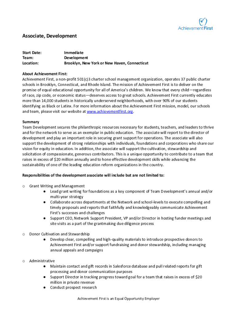 Fillable Online Associate, Development - Achievement First Fax Email ...