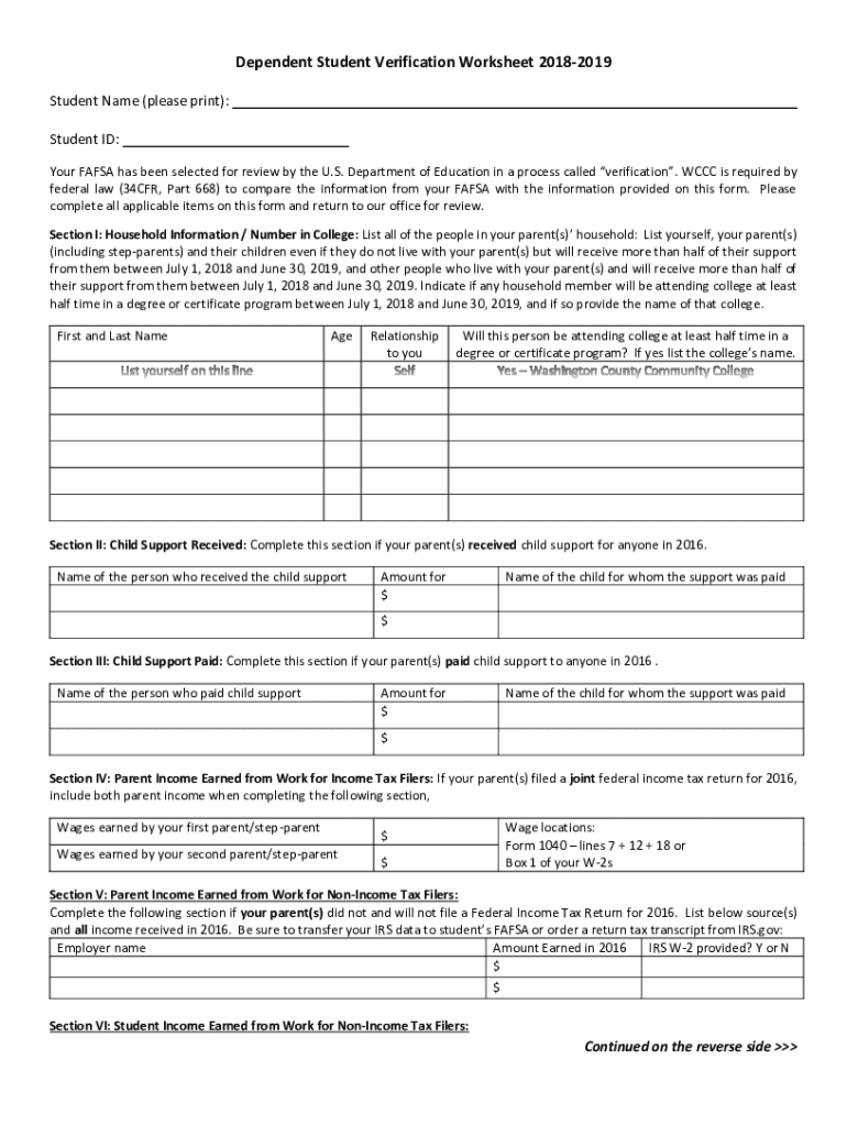 Fillable Online 2018-2019 Verification Worksheet Dependent Student Track 4 Fax Email Print ...