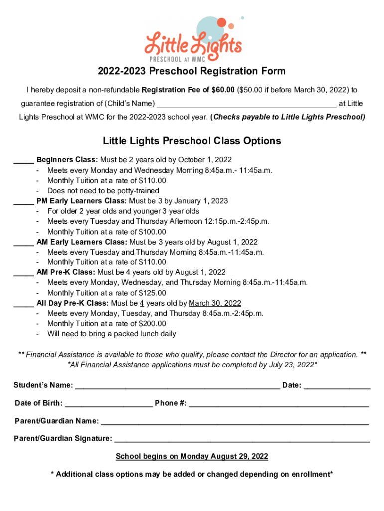 Fillable Online 2022-2023 Preschool Registration Form Little Lights ...