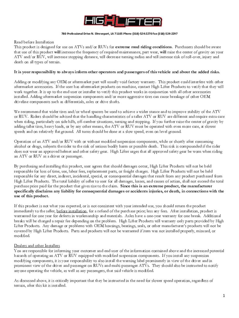 Fillable Online Polaris Ranger 800 6x6 Lift Kit Installation ...