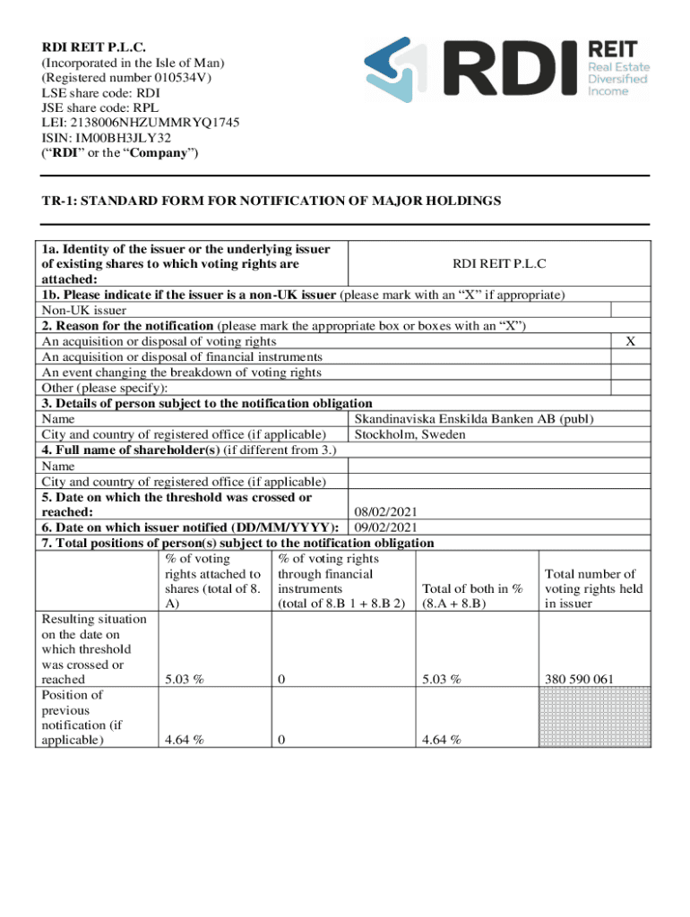 Fillable Online RDI - TR-1. Standard form for notification of major ...