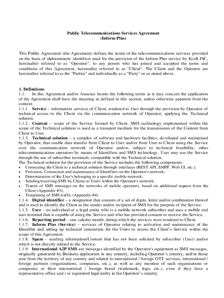 Fillable Online static kcell Telecommunications Services Agreement ...