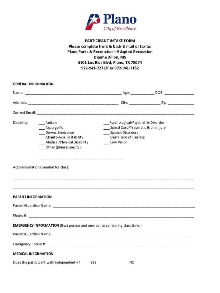 Participant Intake Form - Blank Fillable Template | Fill Out, Print ...