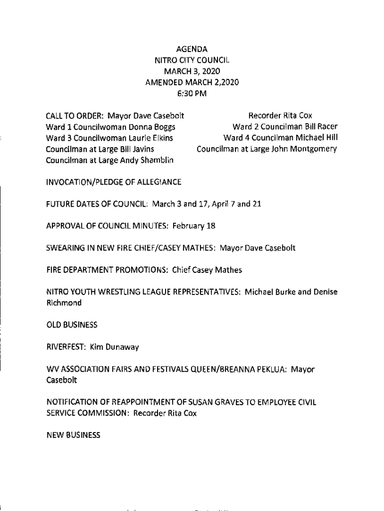 Fillable Online Mayor Dave Casebolt Recorder Rita Cox War - City of ...