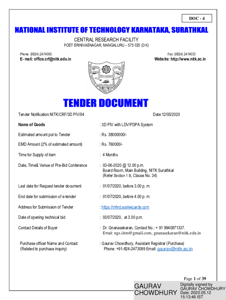 Fillable Online Tender Notification:NITK/CRF/3D PIV/04 Fax Email Print ...