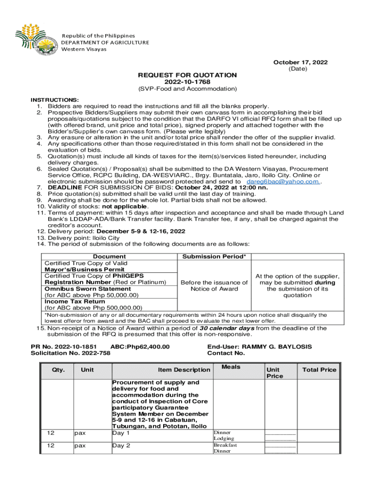 Fillable Online REQUEST FOR QUOTATION 2022-10-1768 - DA Western Visayas ...