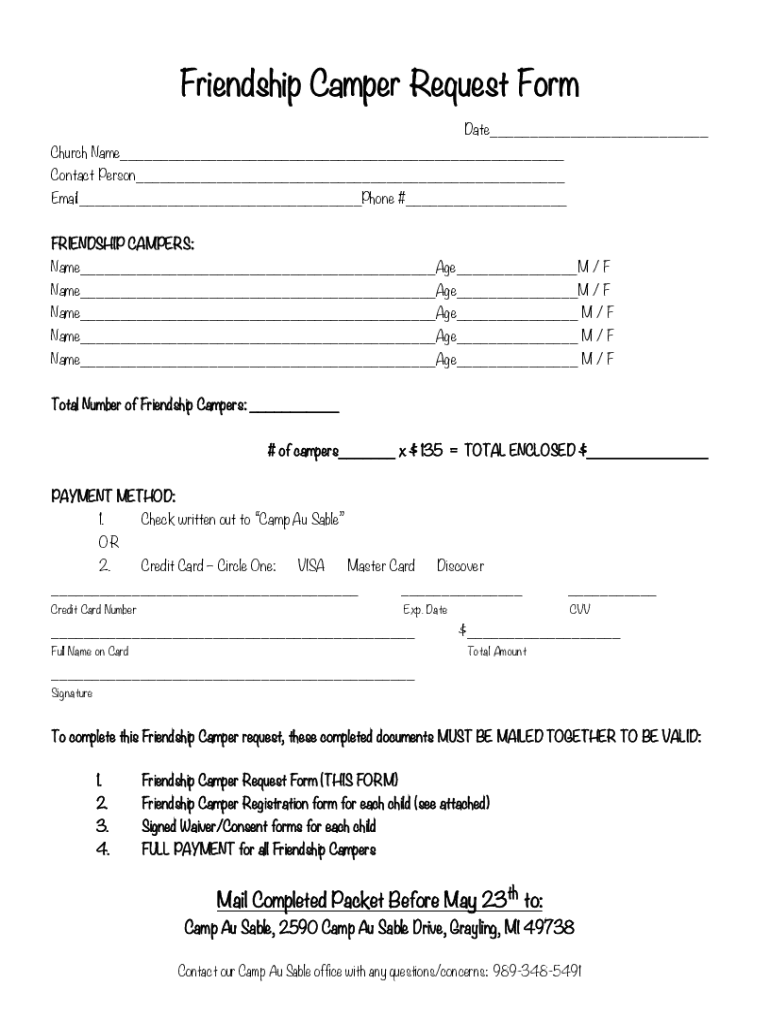 Fillable Online Friendship Camper Request Form - Camp Au Sable Fax Email Print - pdfFiller
