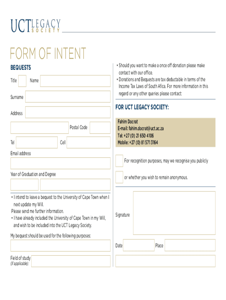 Fillable Online UCT Legacy Society Form of IntentUniversity of Cape ...