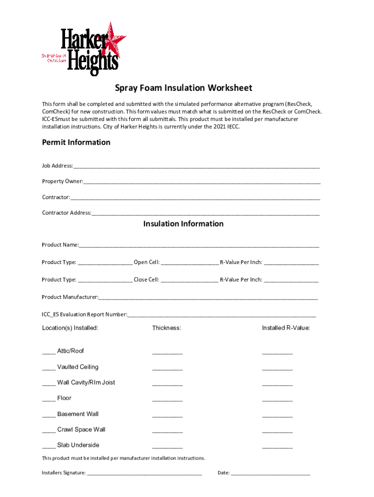 Fillable Online Spray Foam Insulation Worksheet - City of Harker ...