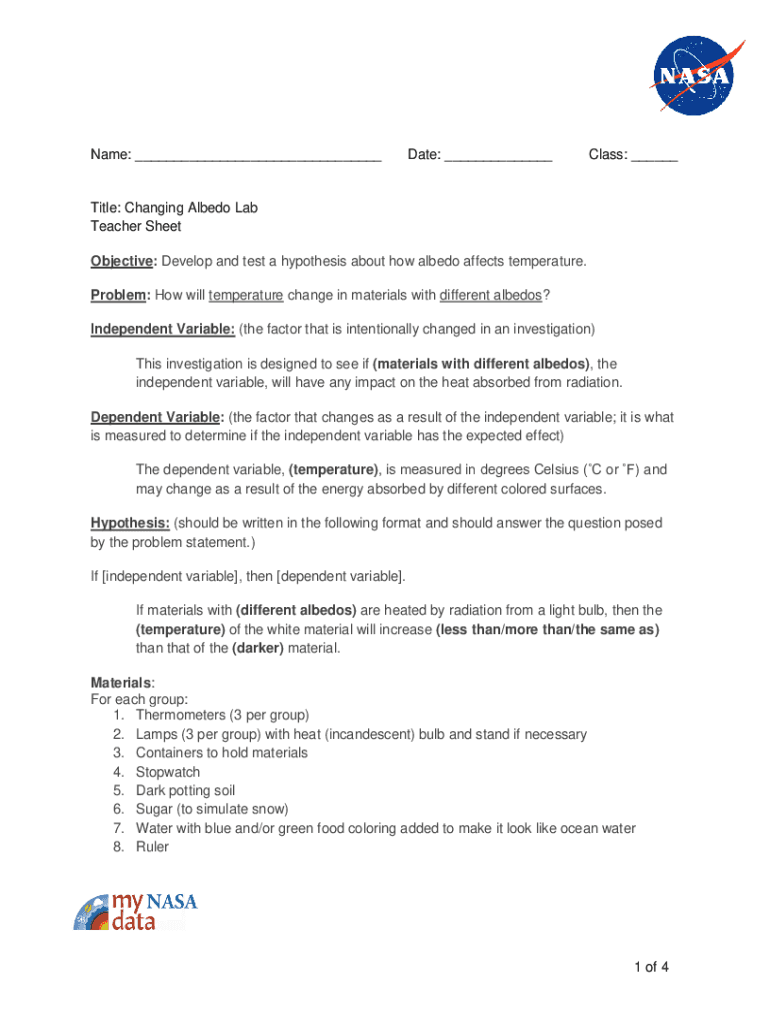 Fillable Online 1 of 4 Title: Changing Albedo Lab Teacher Sheet Fax ...