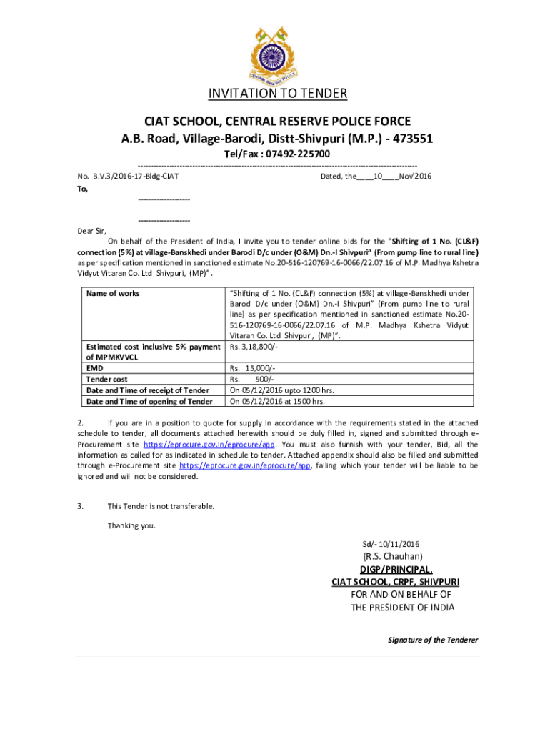 Fillable Online crpf gov INVITATION TO TENDER - CRPF Fax Email Print ...