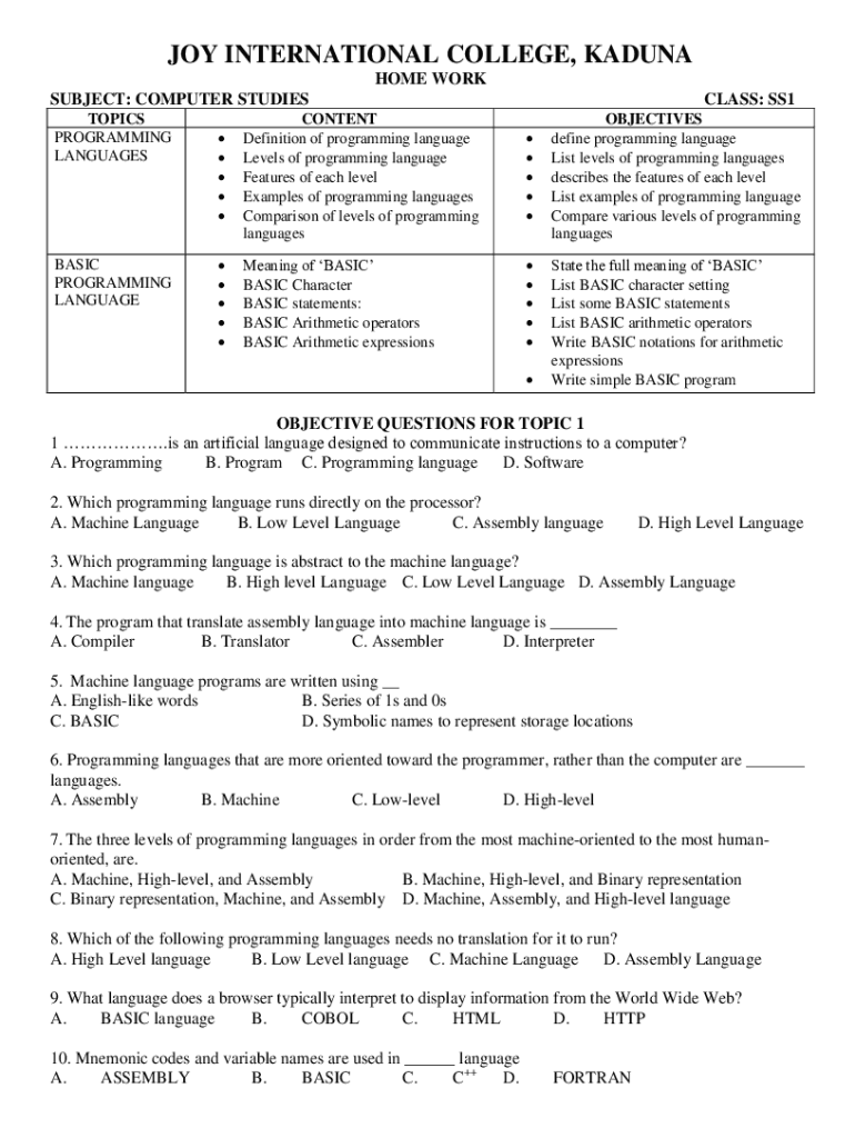 Fillable Online Meaning And Types Of High Level Programming Language Fax Email Print Pdffiller