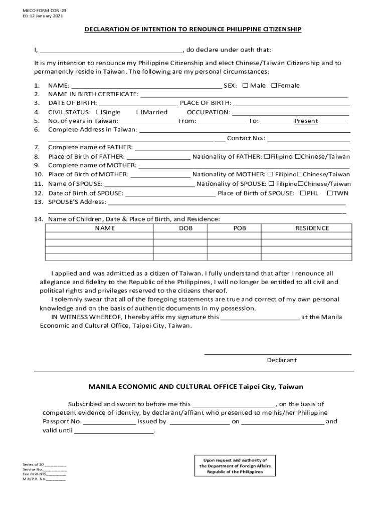 Fillable Online Declaration of Intention to Renounce Philippine ...
