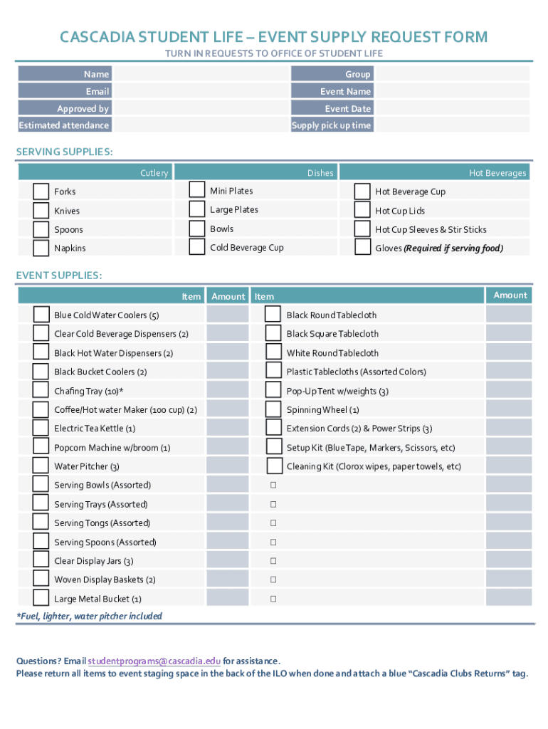 Fillable Online CASCADIA STUDENT LIFE EVENT SUPPLY REQUEST FORM Fax ...