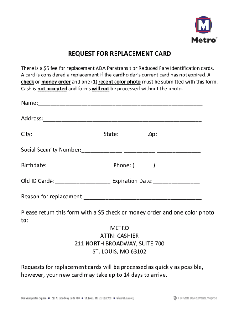 Fillable Online Request for Replacement CardMetro St. Louis Fax Email ...