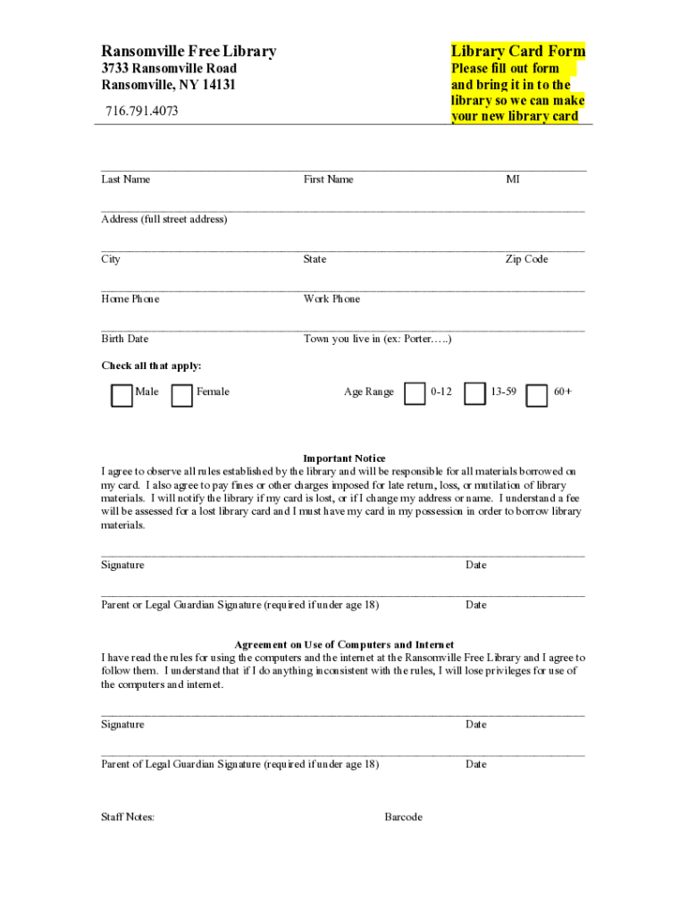 Fillable Online Library Card Form Fax Email Print - pdfFiller