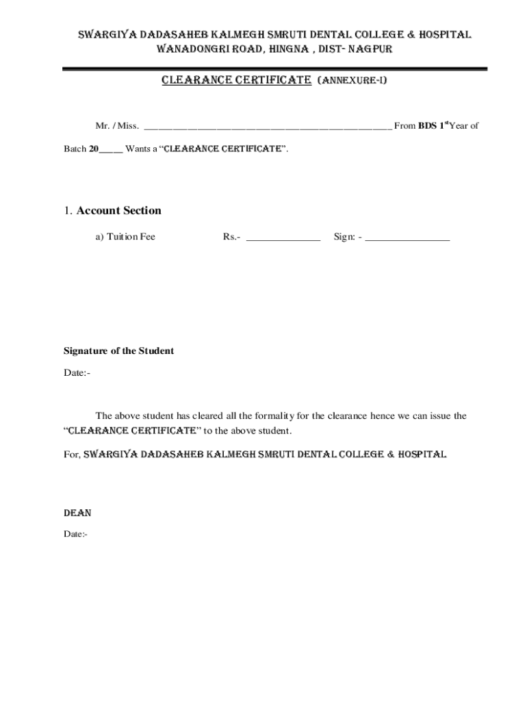 Fillable Online Swargiya Dadasaheb Kalmegh Smruti Dental College in ...