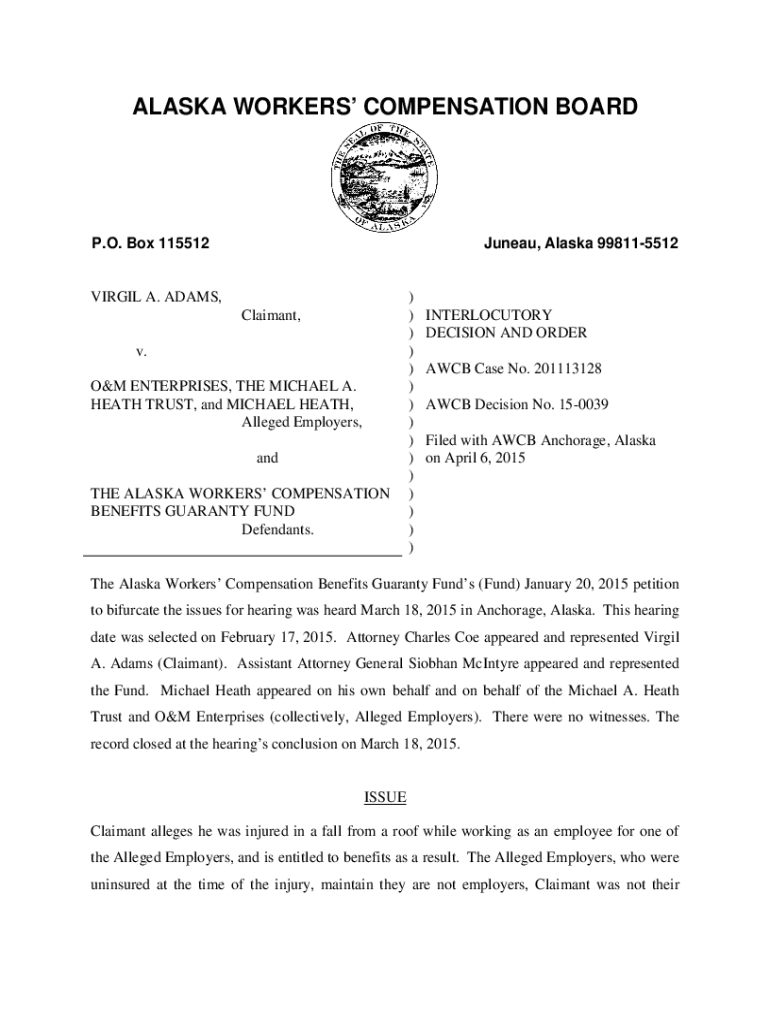 Fillable Online appeals dol alaska CLAIM FOR WORKERS' COMPENSATION ...