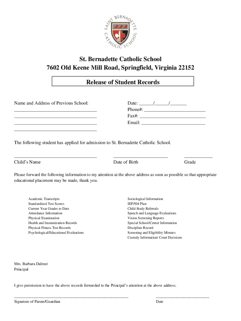Fillable Online Release of Student Records - St. Bernadette School Fax ...
