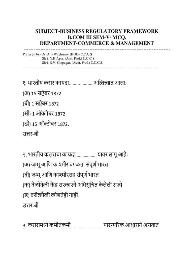 Fillable Online SUBJECT-BUSINESS REGULATORY FRAMEWORK B.COM ... Fax ...