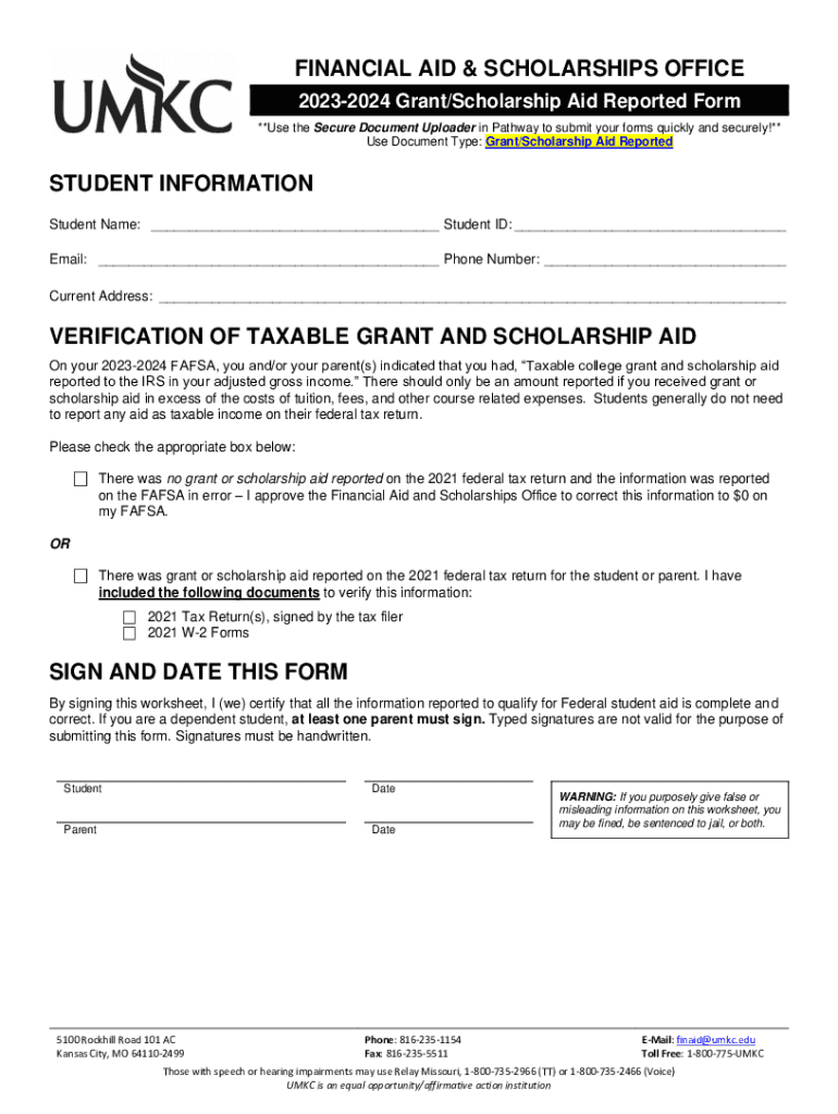 Fillable Online 2023-2024 Grant/Scholarship Aid Reported Form Fax Email ...