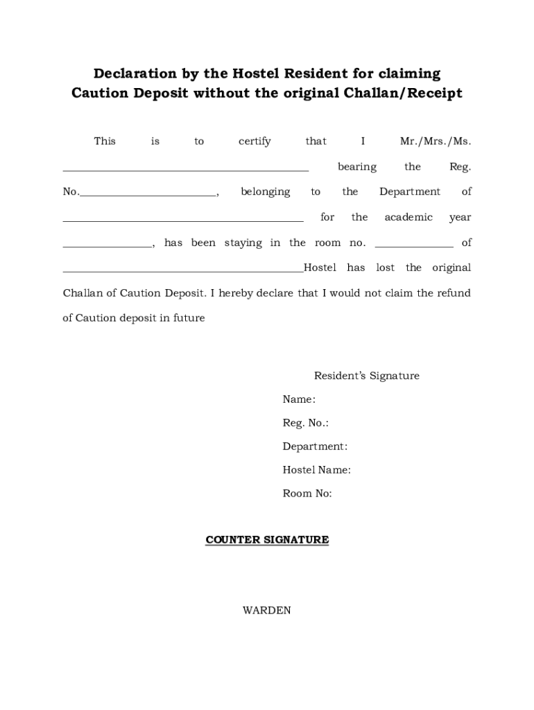 Fillable Online Declaration by the Hostel Resident for claiming Caution ...