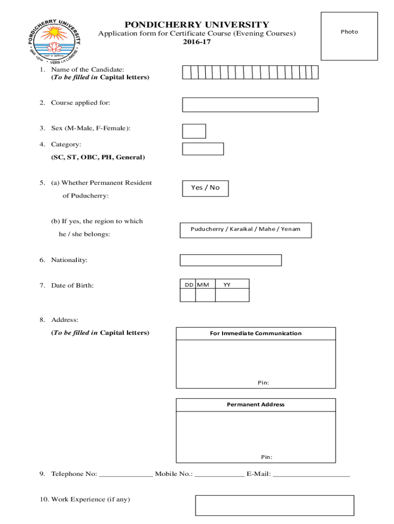 Fillable Online pondicherry university community college - application ...
