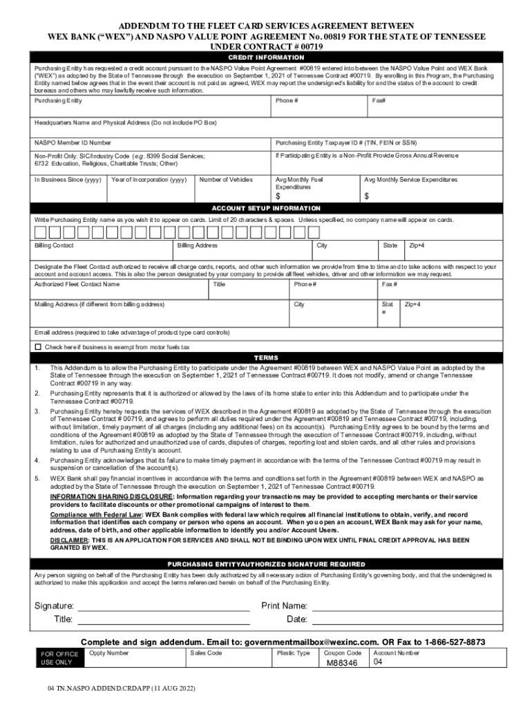 Fillable Online WEX Florida Fuel Card Agreement Addendum Fax Email ...