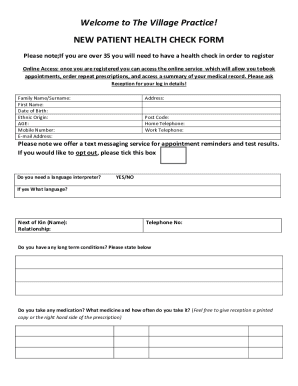 Fillable Online The Village Practice! NEW PATIENT HEALTH CHECK FORM Fax ...