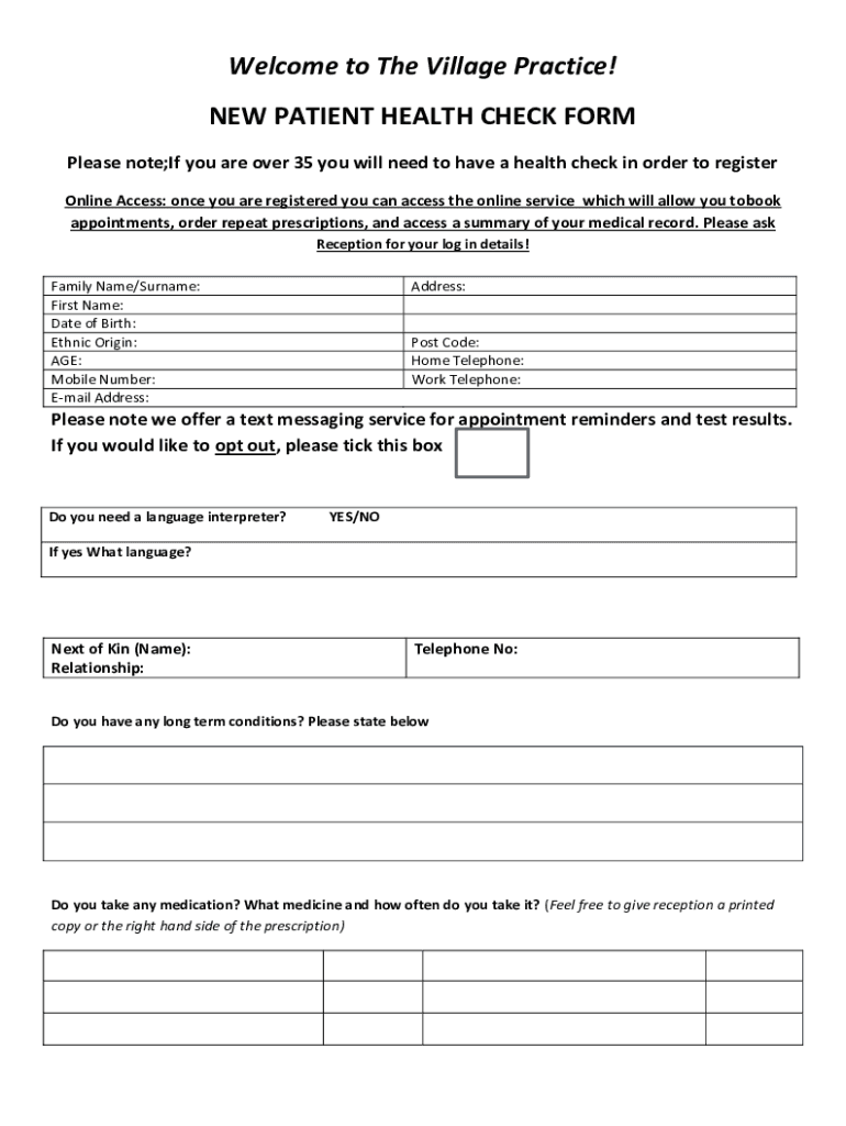 Fillable Online The Village Practice! NEW PATIENT HEALTH CHECK FORM Fax ...