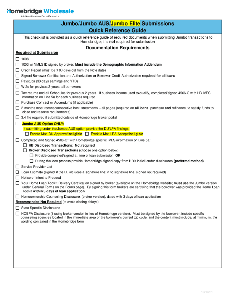 Fillable Online Loan Submission Checklist Arches Jumbo Manual or AUS ...