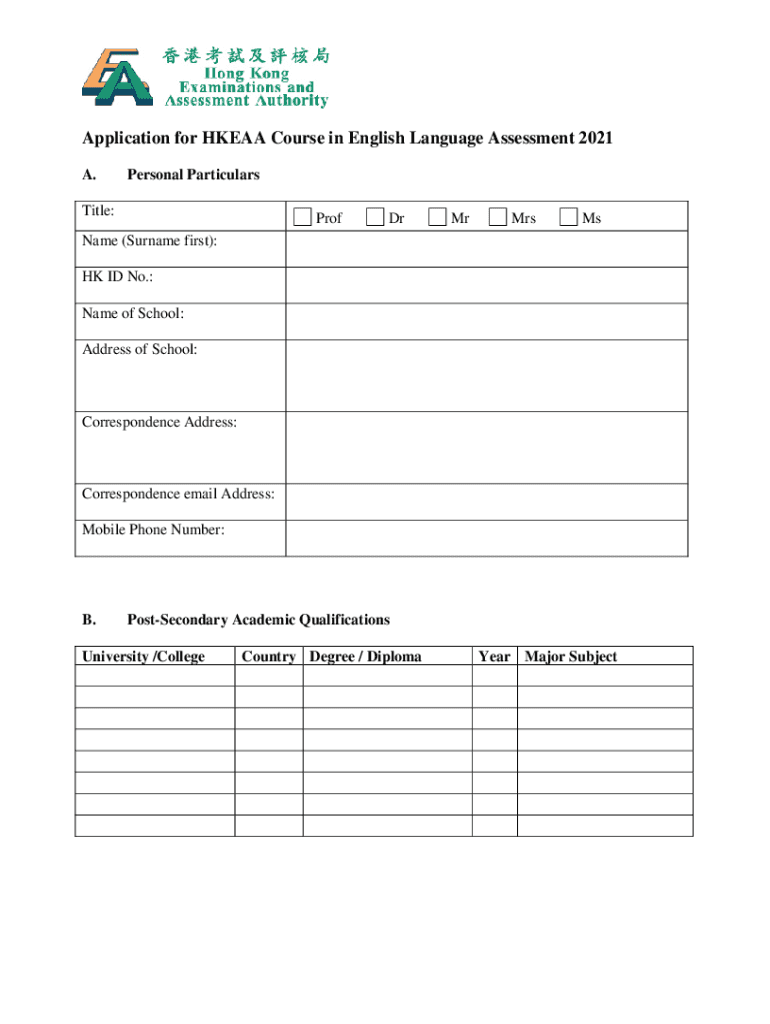 Fillable Online Application for HKEAA Course in English Language ...