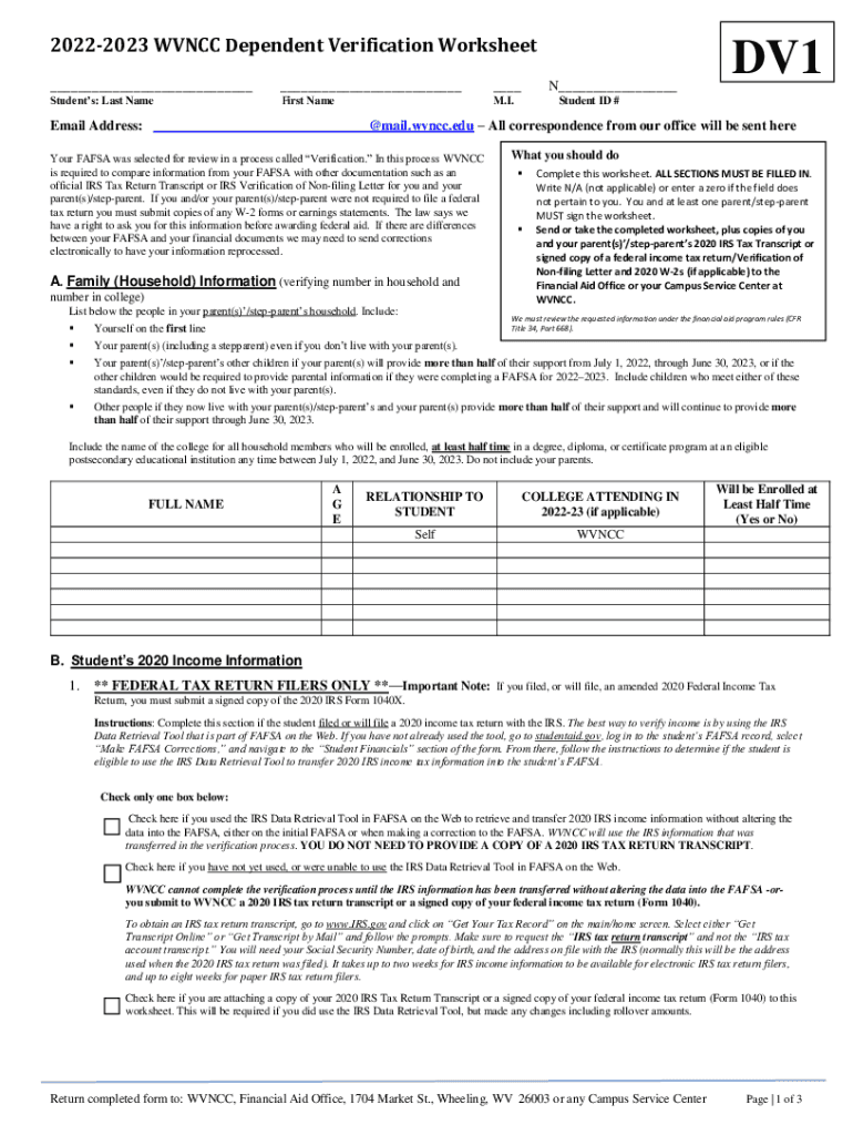Fillable Online 2022-2023 WVNCC Dependent Verification Worksheet Fax Email Print - pdfFiller