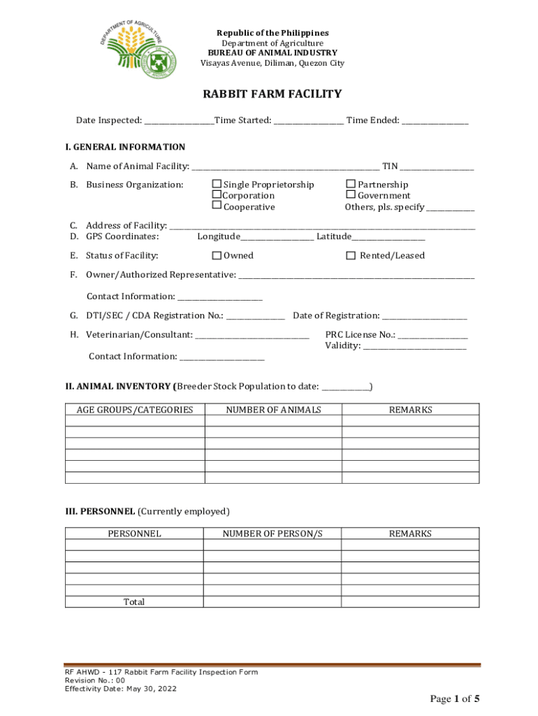 Fillable Online RF AHWD - 117 Rabbit Farm Facility Inspection Form Fax ...