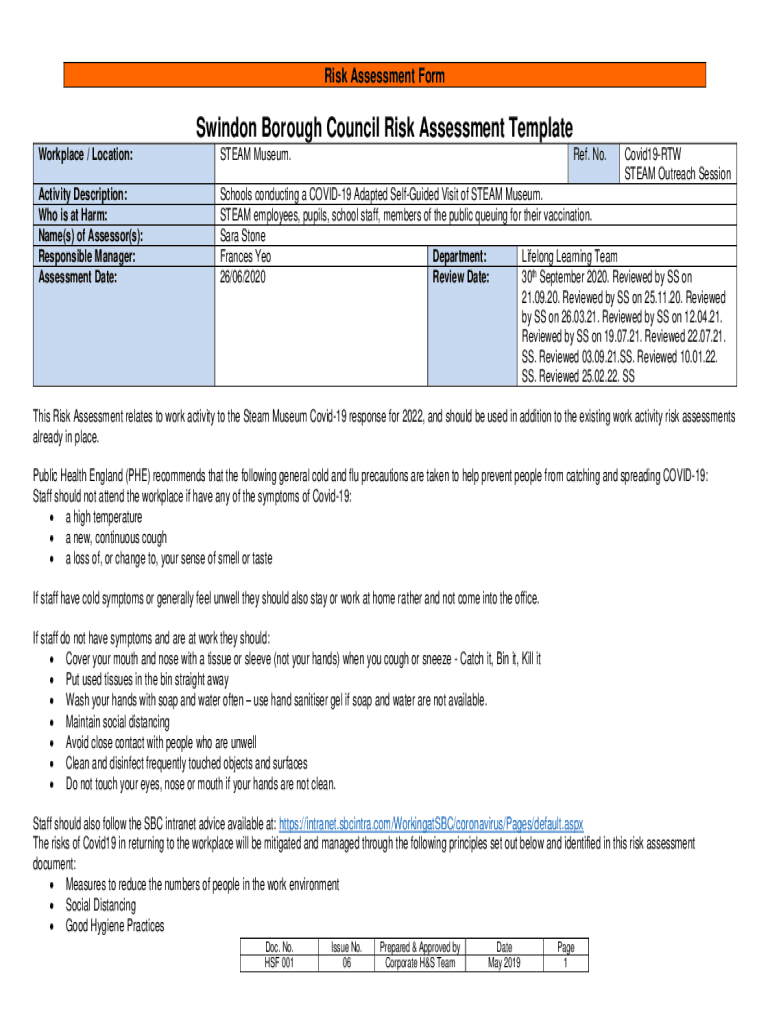 Fillable Online Swindon Borough Council Risk Assessment Template ...