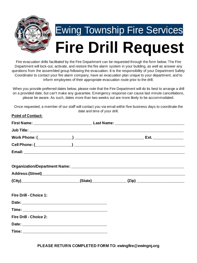 Fillable Online Ewing Township Fire Services - Fire Drill Request Fax Email Print - pdfFiller