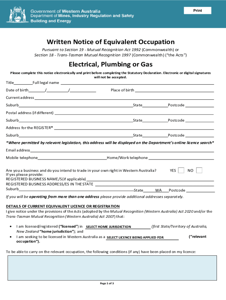 Fillable Online Written notice of equivalent occupation - Commerce WA ...
