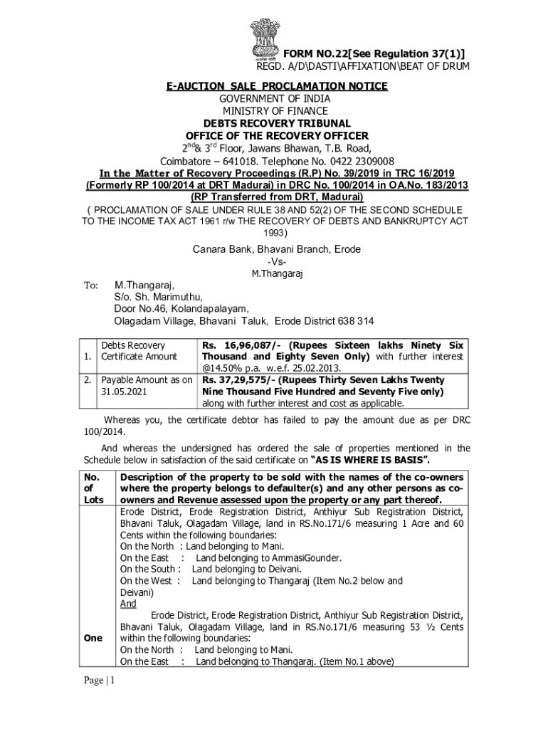 Fillable Online P a g e FORM NO.22See Regulation 37(1) REGD. A/D ...