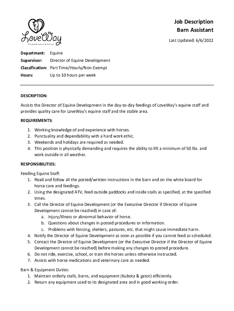 Fillable Online Job Description Barn Assistant - LoveWay, Inc Fax Email ...