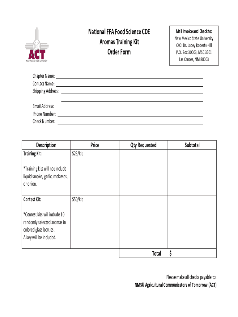 Fillable Online National FFA Food Science CDE Aromas Training Kit Order ...