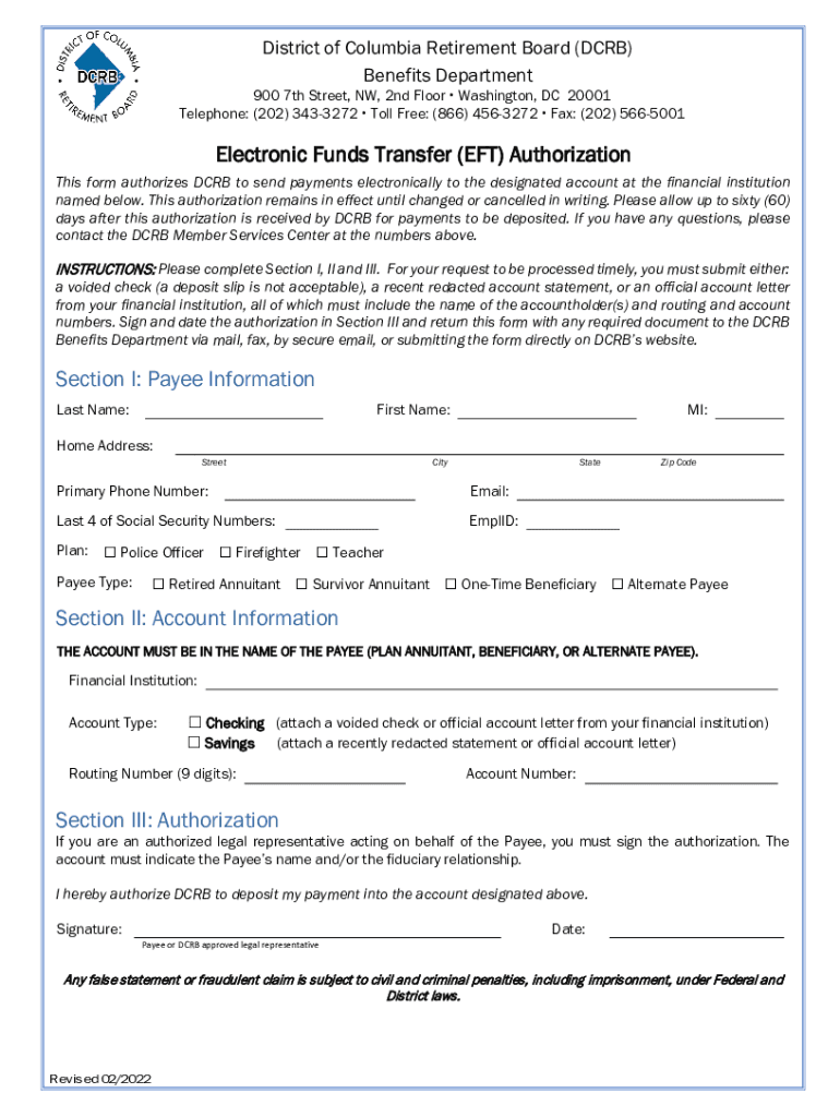Fillable Online dcrb dc Electronic Funds Transfer Authorization ...