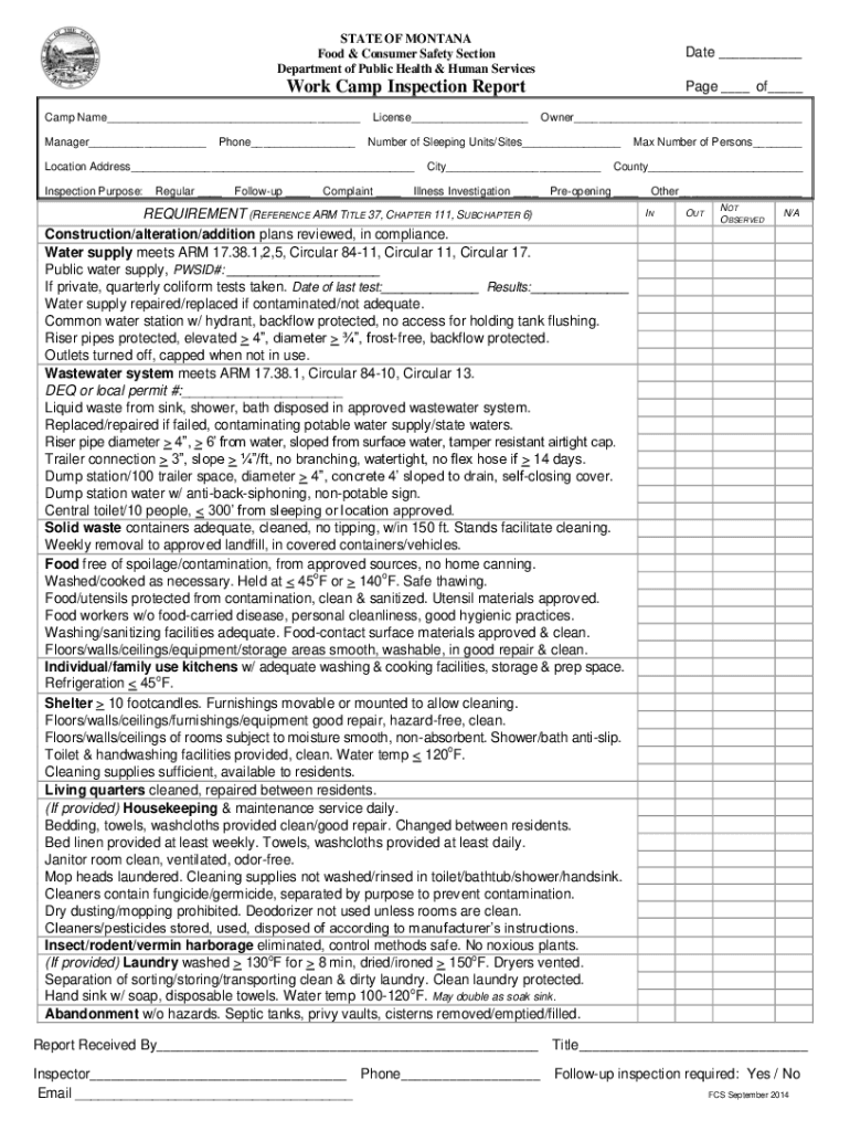 Fillable Online dphhs mt Work Camp Inspection Report. Work Camp ...