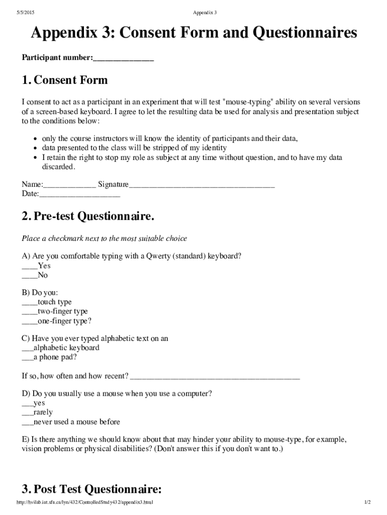 Fillable Online Appendix 3: Consent Form and Questionnaires Fax Email Print - pdfFiller