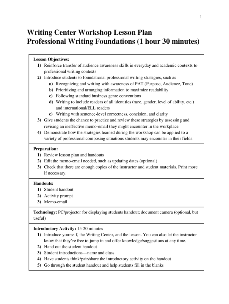 Fillable Online Writing Center Workshop Lesson Plan Professional ...
