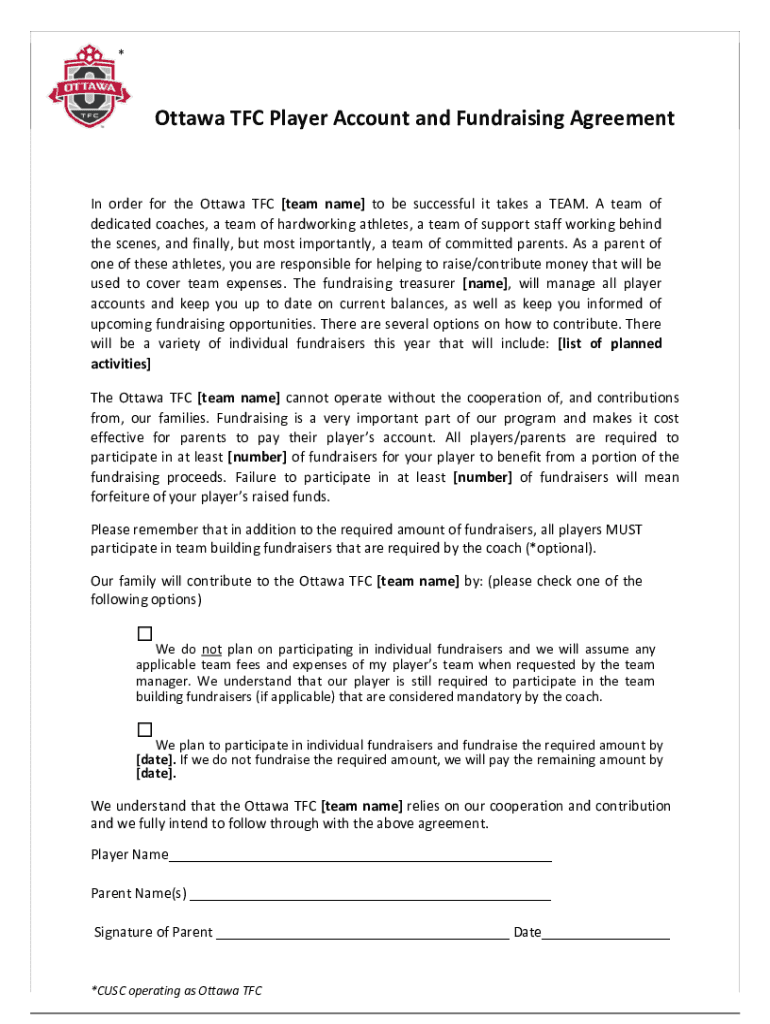 Fillable Online Ottawa TFC Player Account and Fundraising Agreement Fax Email Print - pdfFiller